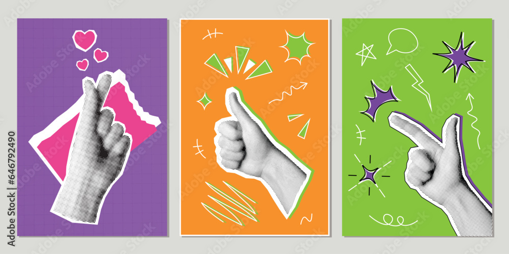 Set of posters with halftone elements. Doodle elements. Hand gestures ...