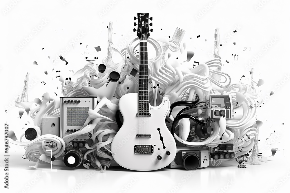 white background musical style theme abstract musical instruments 3d ...