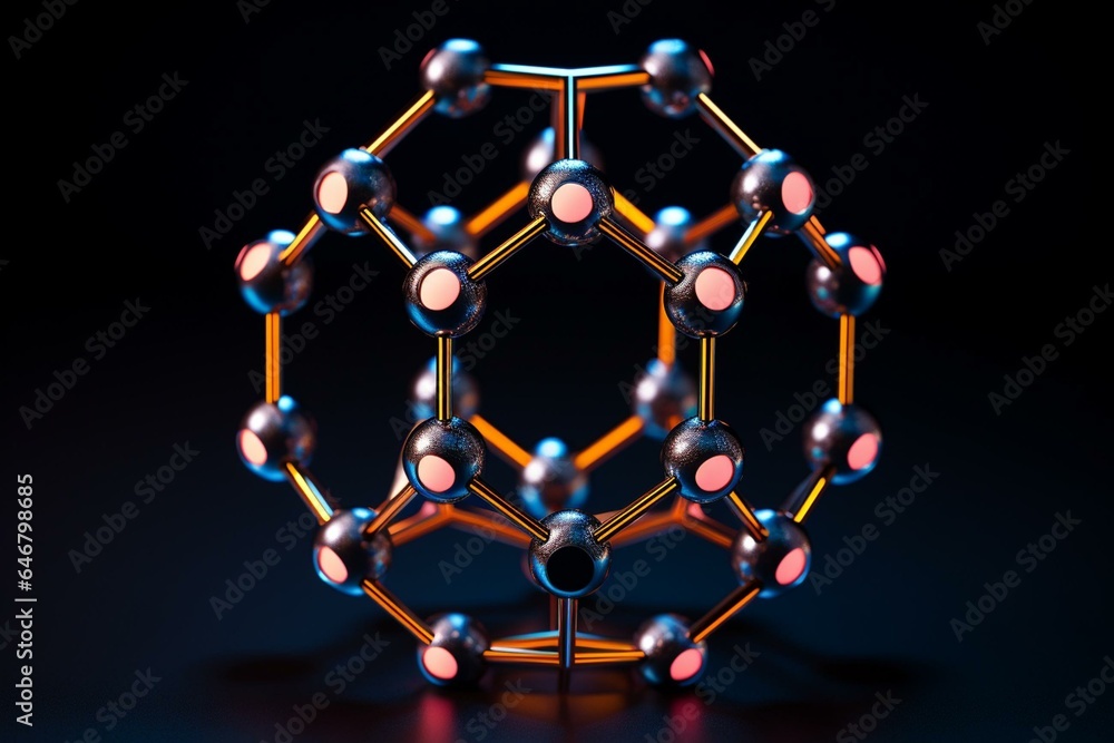 Illuminated fullerene model with hexagonal rings on a black background ...
