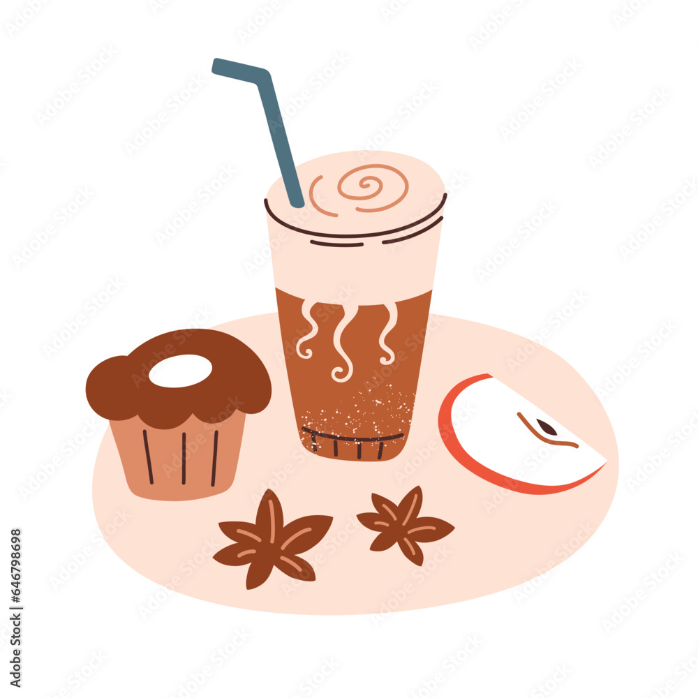 Cold brew coffee with muffin, hand drawn composition for cafe menu ...