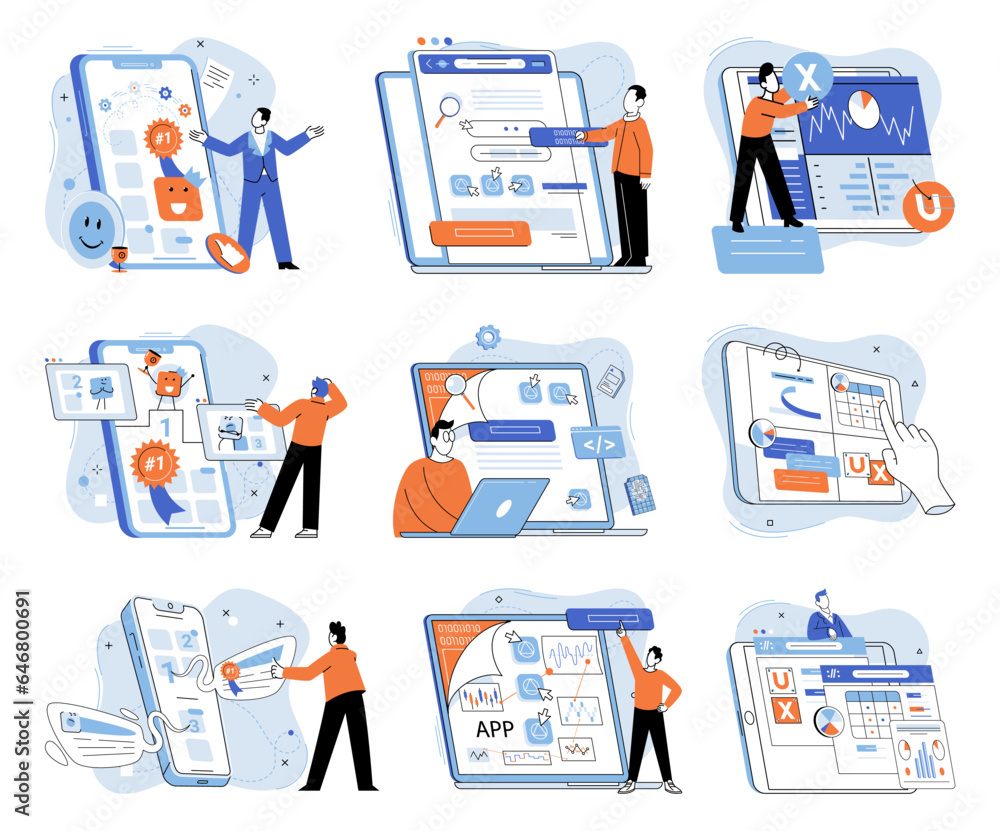 Application testing metaphor. Vector illustration. App test, boot camp ...