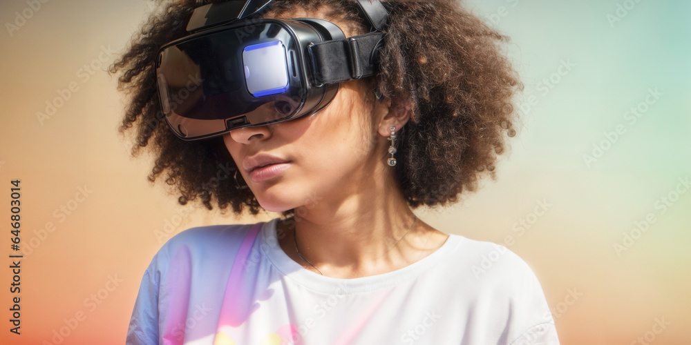 Metaverse woman, young girl in virtual reality headsets exploring VR ...