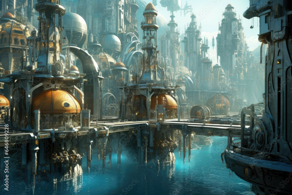 Steampunk underwater city with metal and glass structures, submarines ...