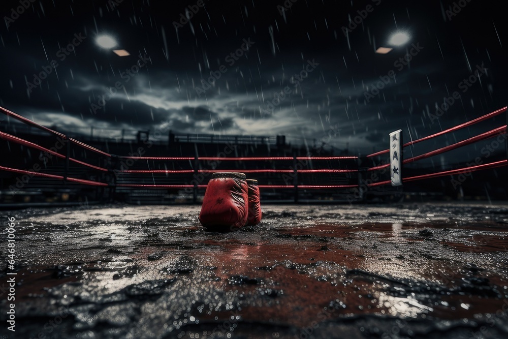 A close-up of a boxing ring, empty except for a pair of boxing gloves ...