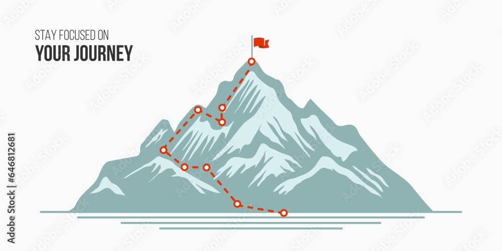 journey concept vector illustration of a mountain with path and a flag ...