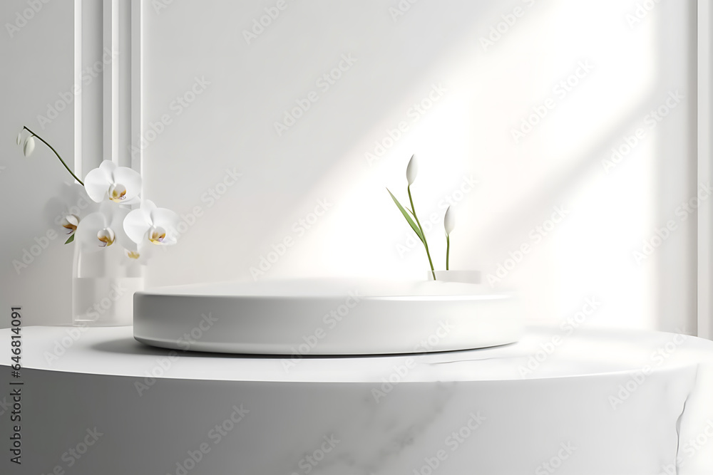 Smooth edge natural shape white podium in sunlight, shadow for on white ...