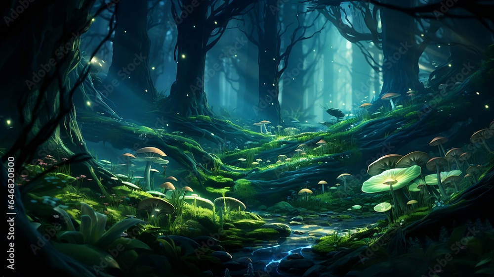 Enchanted Forest Illustration: Mystical Trees and Enigmatic Mushrooms Stock Illustration | Adobe ...