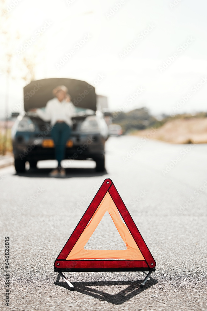 Car problem, stop sign or driver with stress or anxiety late from ...