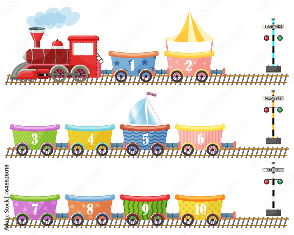 Cartoon funny train with numbers, red locomotive, long railroad ...