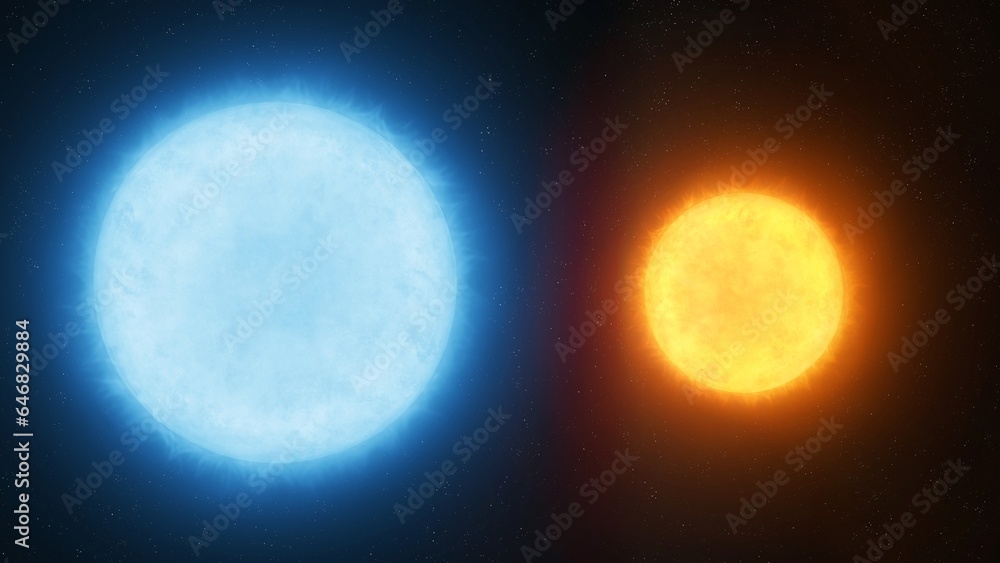 Blue giant compared to the sun. A giant blue star and a Sun-like star ...