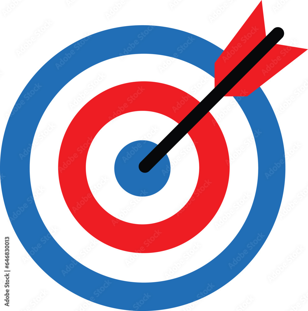 blue and red Target icon. Dartboard with arrow. Marketing strategy sign ...
