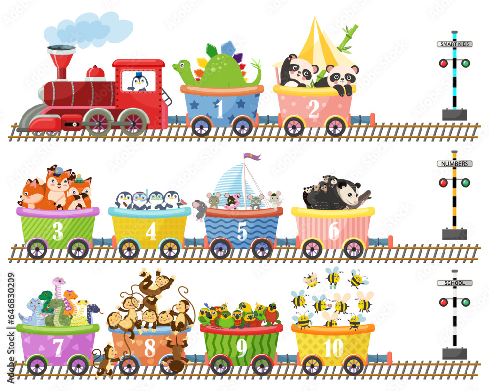 Cartoon funny train with numbers, various animals. Red locomotive, long ...