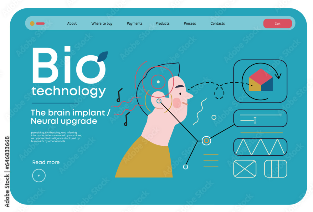 Bio Technology, Brain implant, Neural upgrade -modern flat vector concept illustration of brain ...