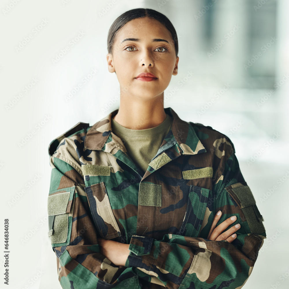 Confident Soldier Portrait Woman And Arms Crossed In Army Building