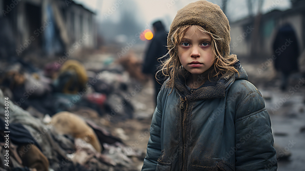 poor homeless child dressed in rags standing in the street full of ...