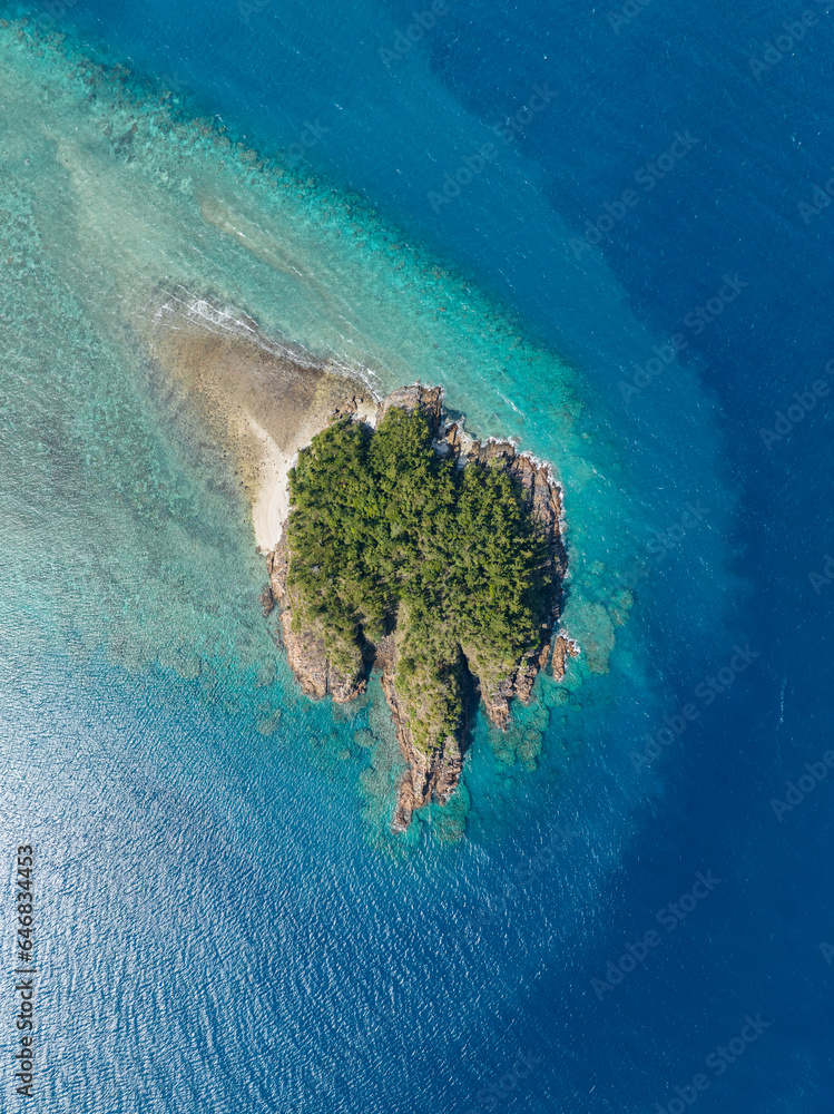 High angle aerial drone view of Arkhurst Island, a small islet next to ...