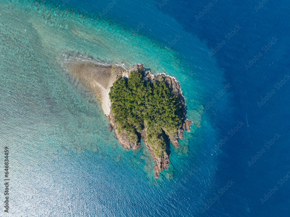 High angle aerial drone view of Arkhurst Island, a small islet next to ...