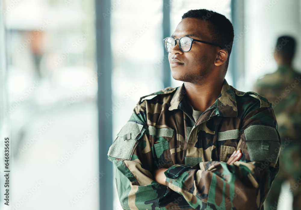 Confident soldier thinking, mockup and arms crossed in army building ...