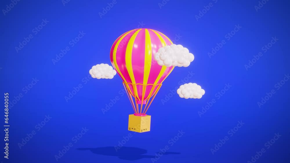 3d animated illustration of flying cardboard with hot air balloon and ...