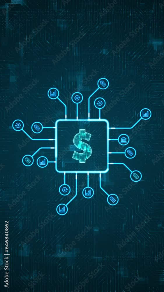 Motion graphic of Blue digital money logo and HUD technology circuit ...