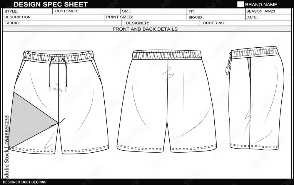 REGULAR FIT SHORT FLAT SKETCH FASHION TEMPLATE TECHNICAL DRAWING ...