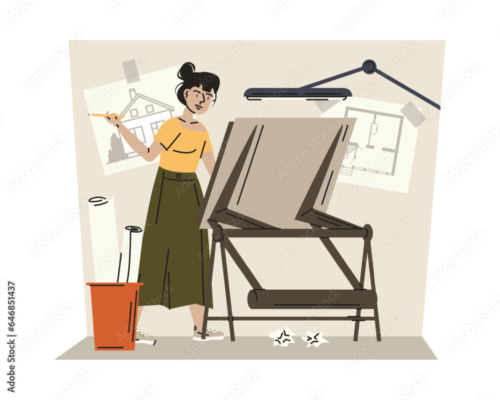 Lady holding pencil, standing near board and working with project ...