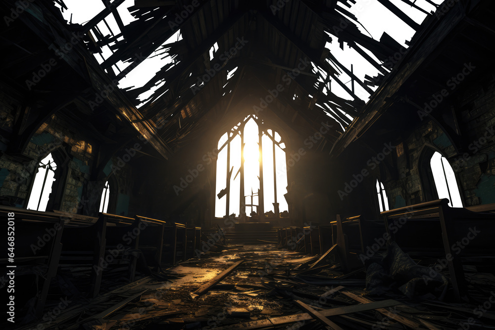 abandoned old wood church. transparent PNG file. Broken walls and roof ...