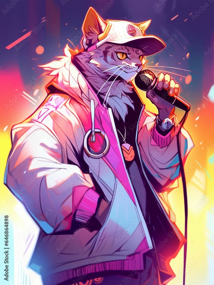 AI generated illustration of a rapper cat with a microphone in a ...