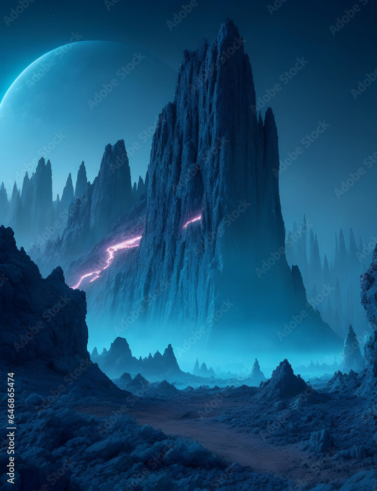 An alien landscape with towering, crystalline rock formations and an ...