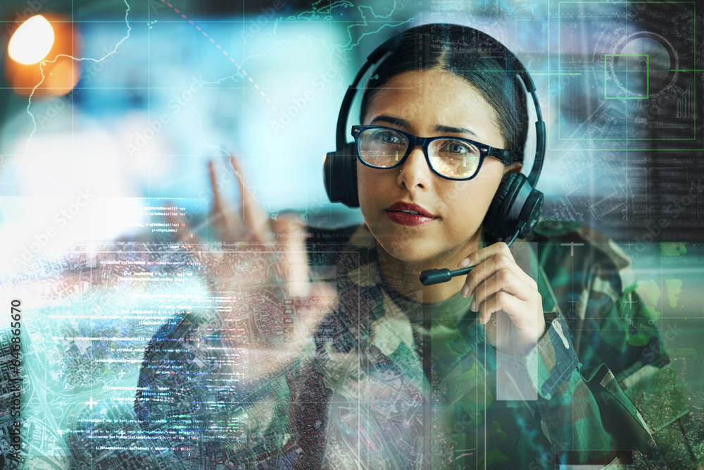 Military, communication and double exposure with a woman user online ...