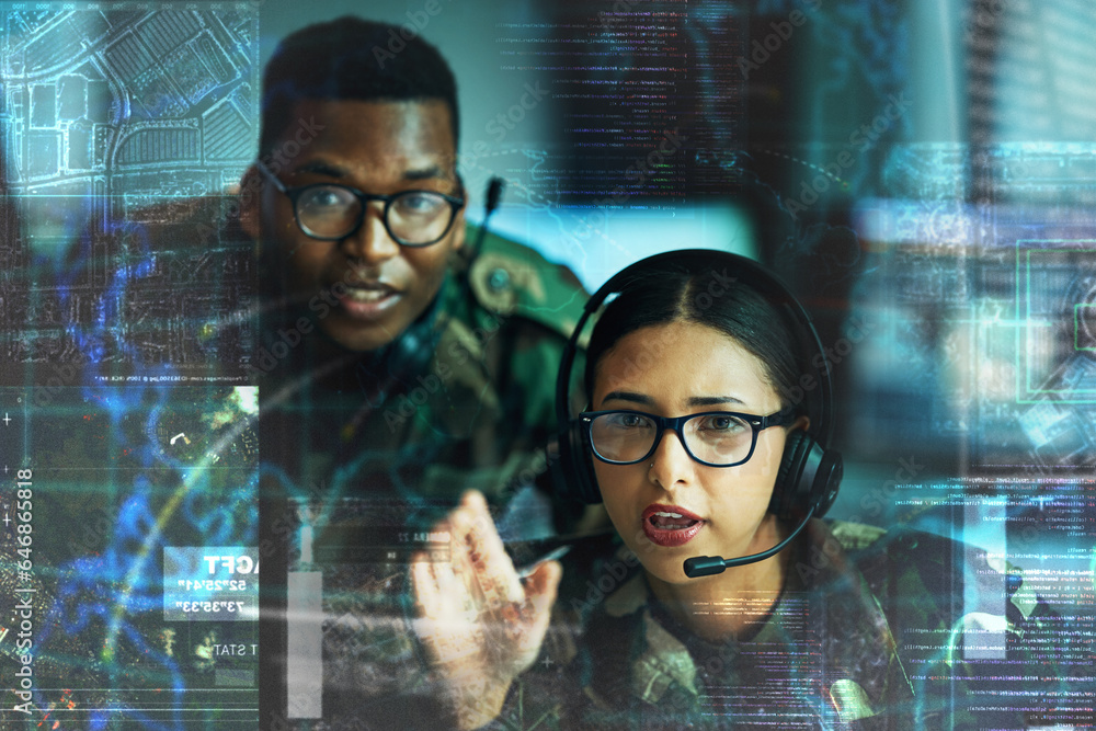 Military, communication and double exposure with a user team online for ...