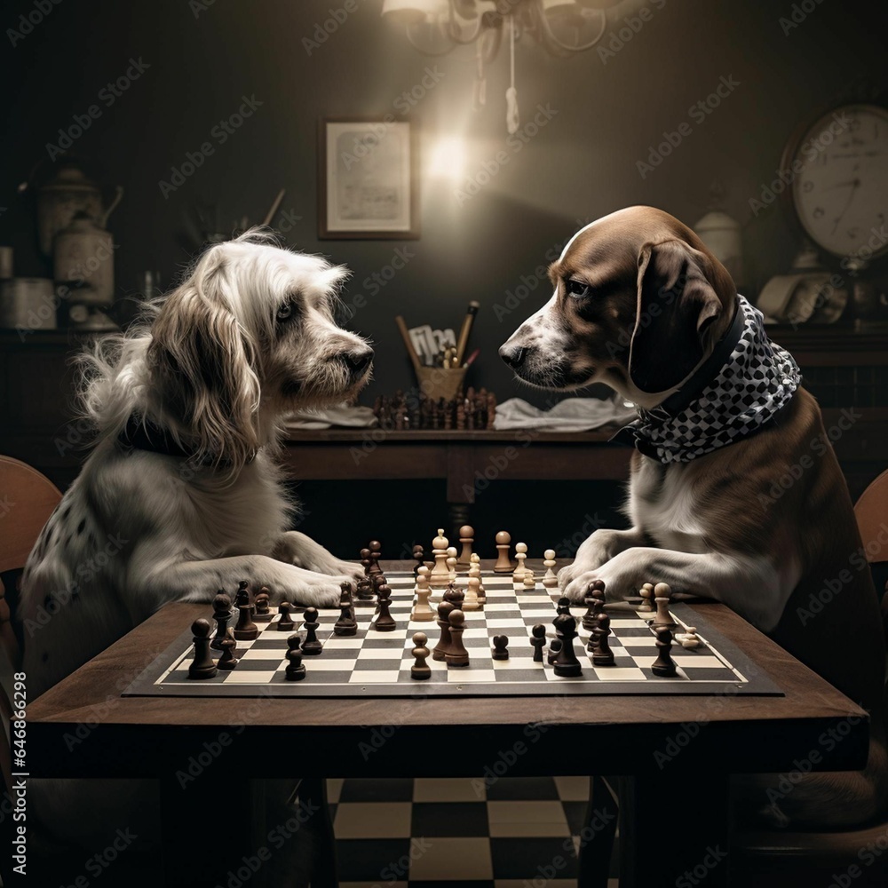AI generated illustration of two dogs playing chess at a small dining ...
