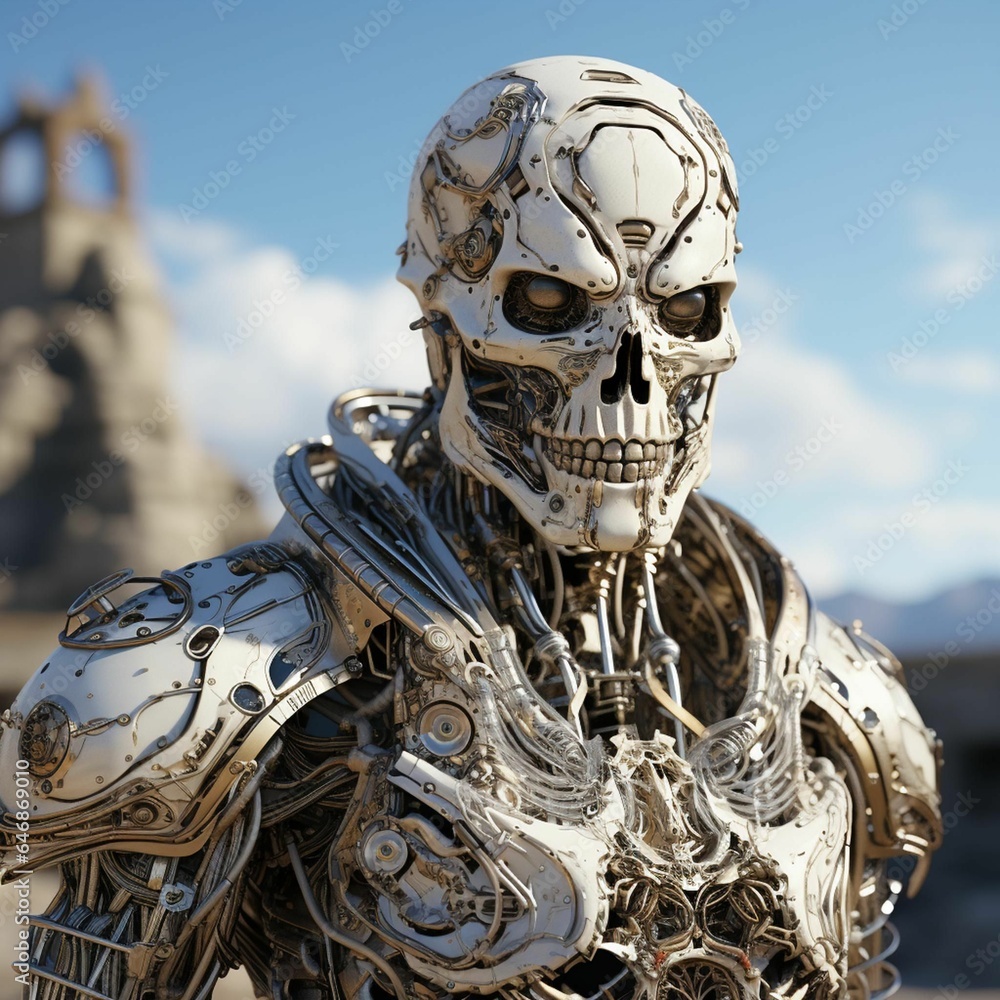 AI generated illustration of a robotic soldier in full armor standing ...