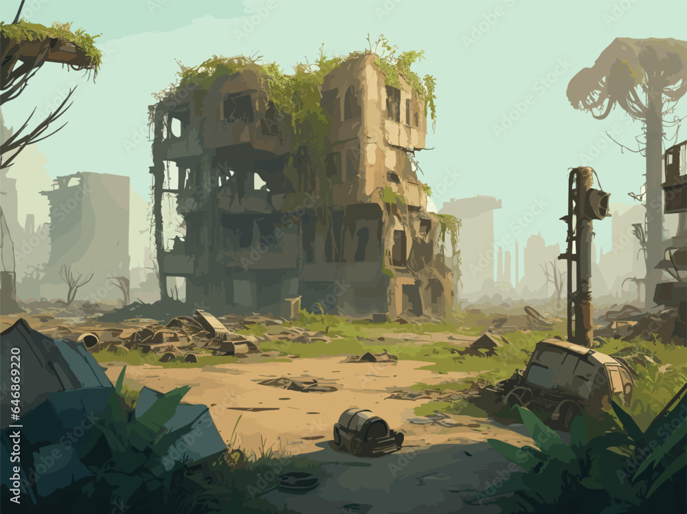 complex vector-style background image depicting a post-apocalyptic ...