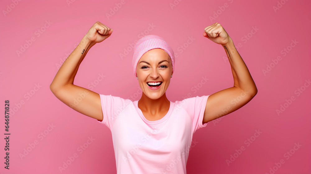 woman fighting breast cancer, clenches her arms as a survivor fighter ...