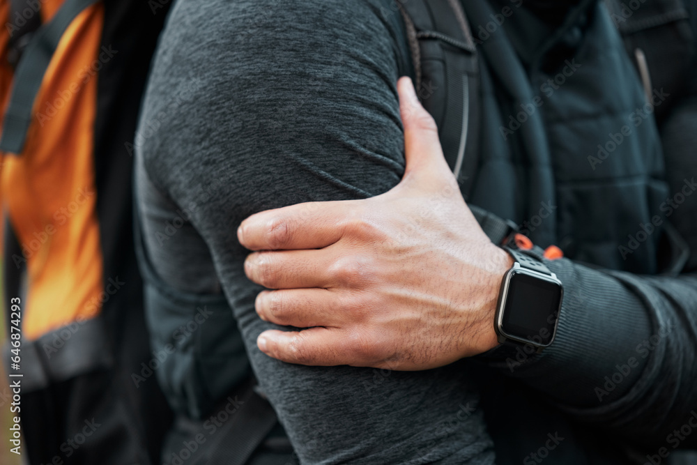 Arm pain, injury and person hand closeup with fitness, workout and ...