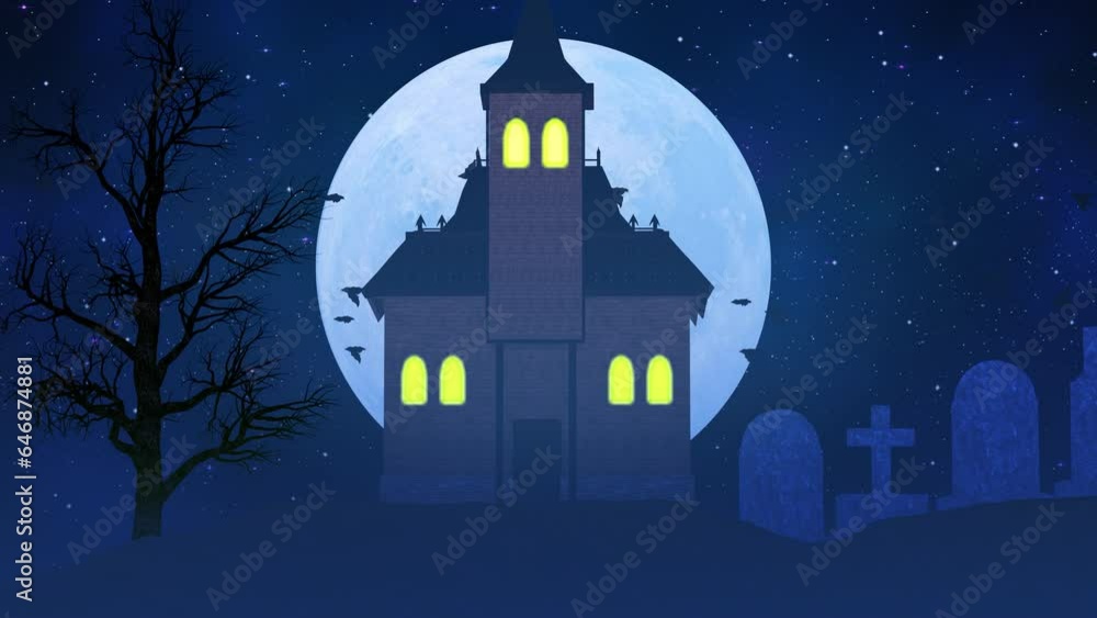 Halloween animation of flying bats over haunted house and full moon in ...