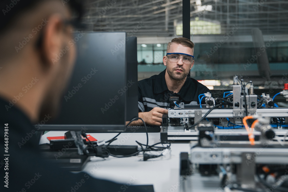 Student engineer Assembling Robotic Arm with computer in Technology ...