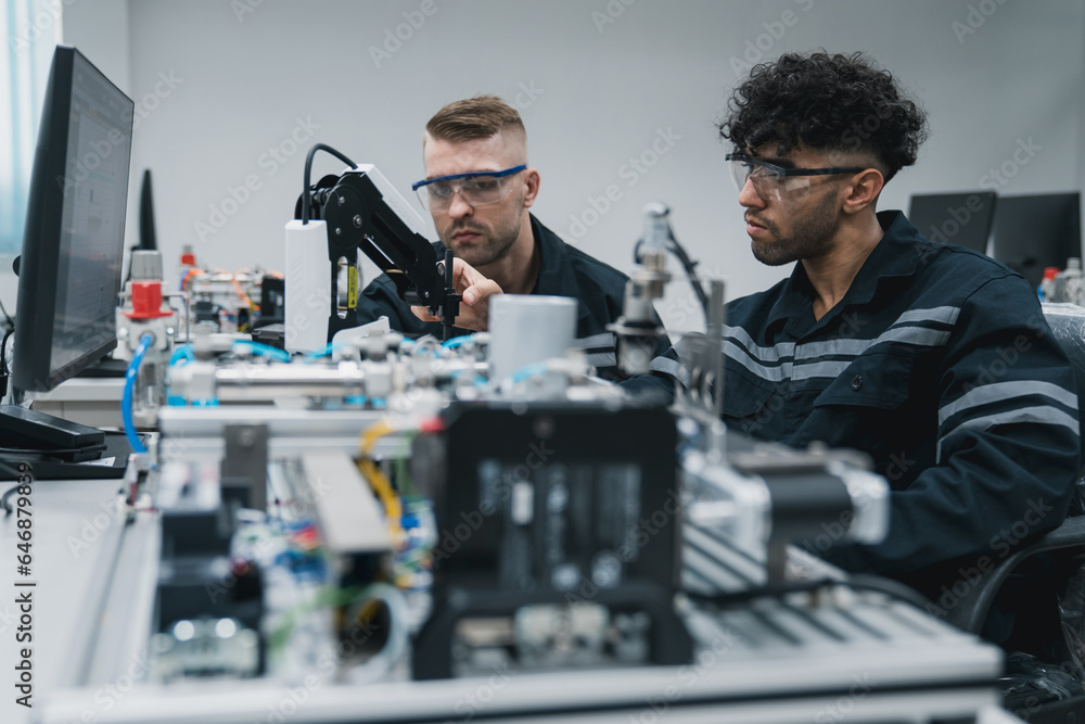 Student engineer Assembling Robotic Arm with computer in Technology ...