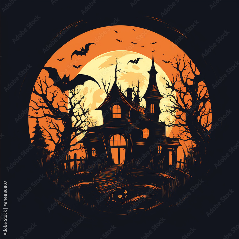 Creepy Haunted House Silhouette in Retro and Vintage Art Style on Black ...