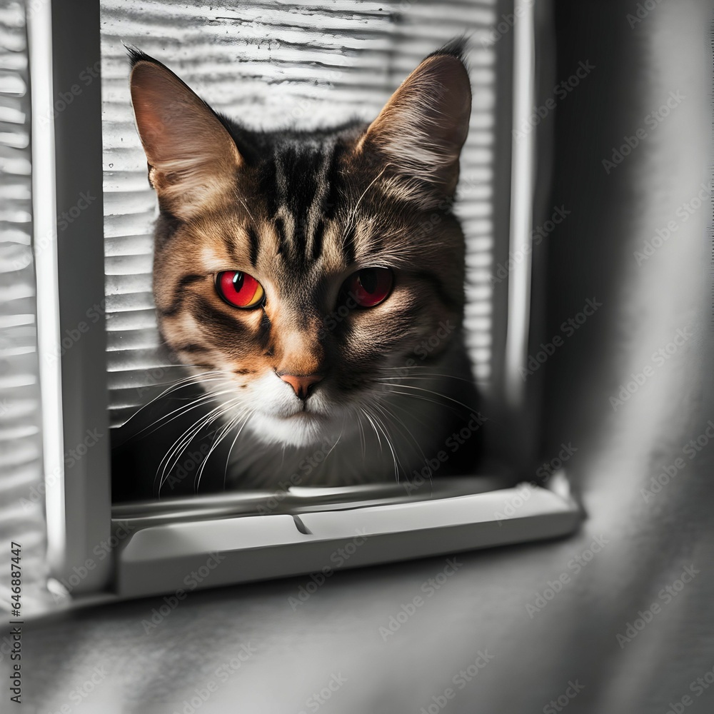AI generated illustration of cat stares out of a window with bright red ...