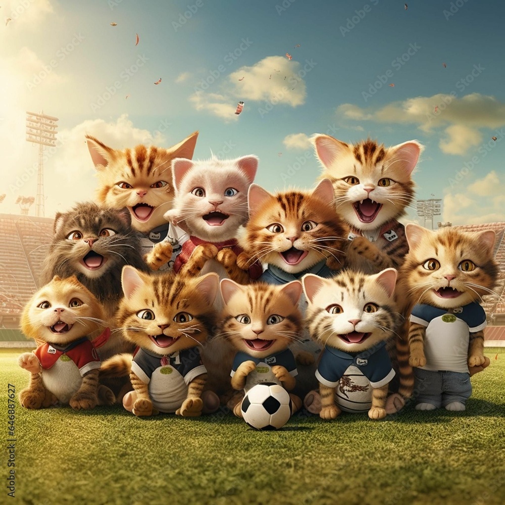 AI generated illustration of a group of cute cats as a soccer team ...