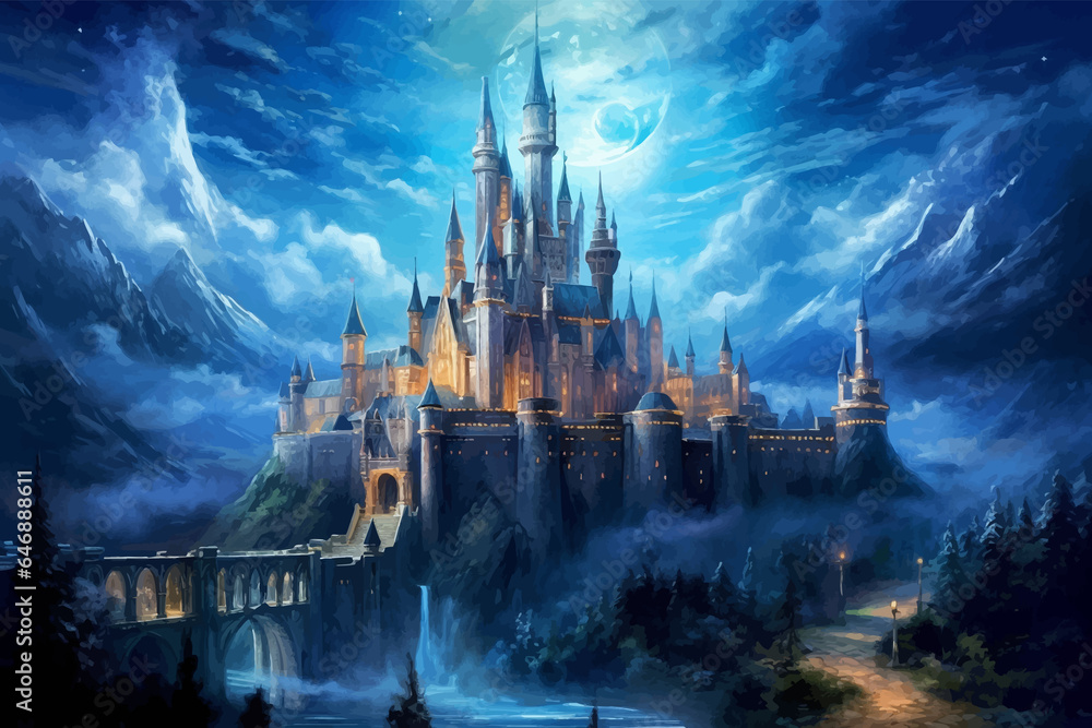 Castle, bridge and river under the full moon. Princess Castle on the ...