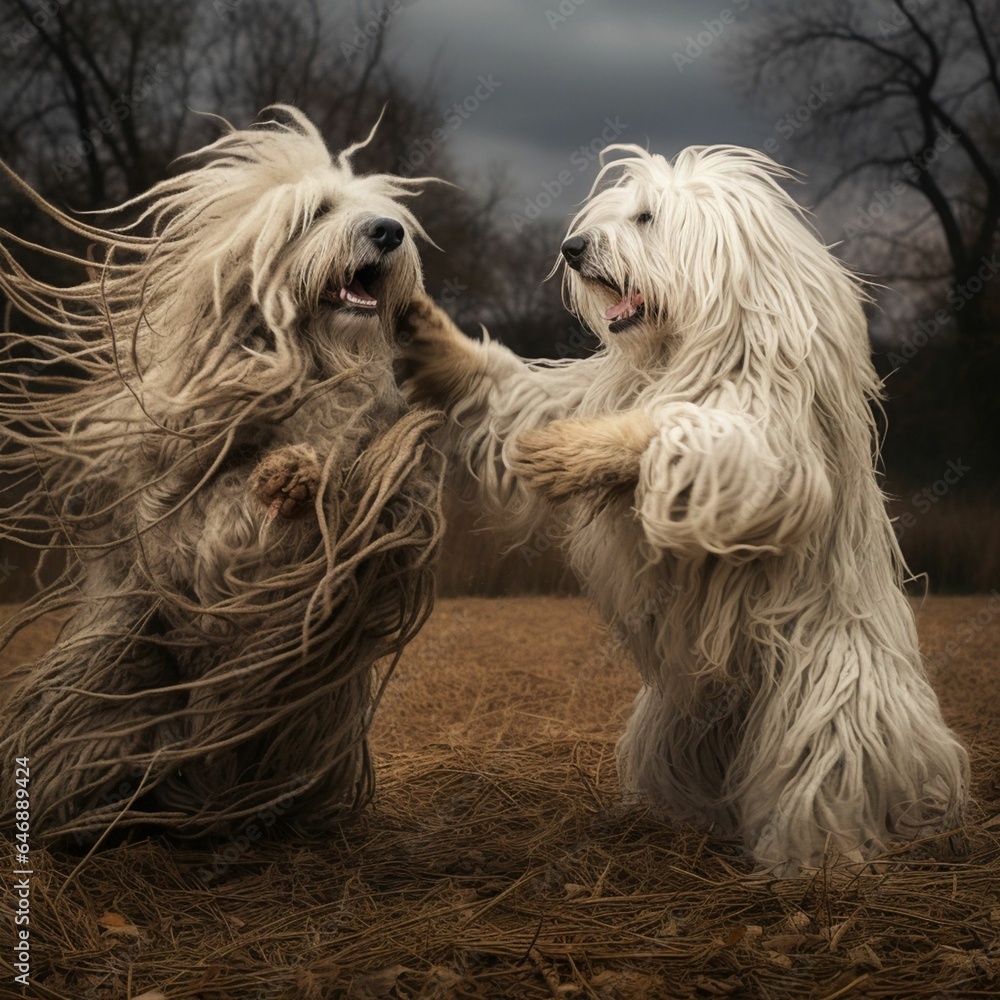 Two dogs with long, unkempt fur, playfully wrestle in an arid field, AI ...