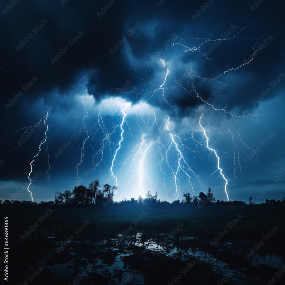 Fondo natural con silueta de varios arboles, cielo de tormenta y rayos ...