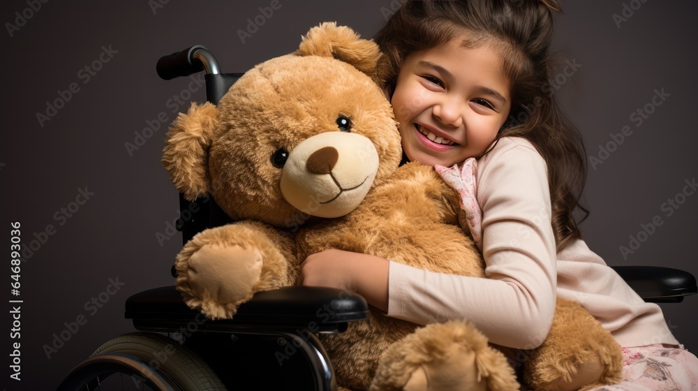 Disabled Caucasian Girl in Wheelchair Hugging Teddy Bear - Touching ...