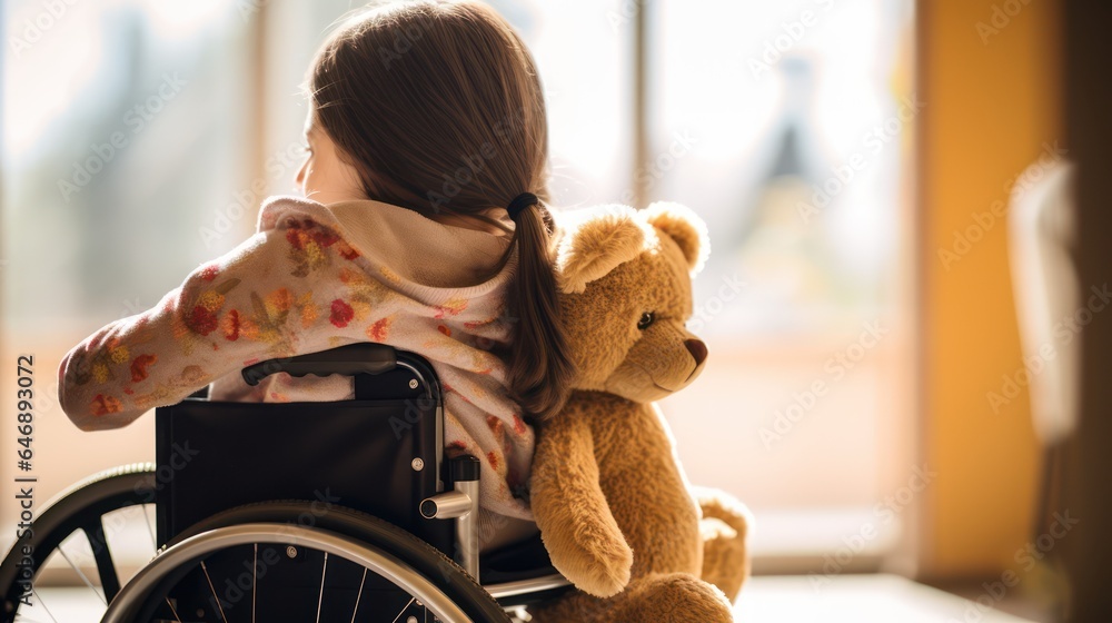 Disabled Caucasian Girl in Wheelchair Hugging Teddy Bear - Touching ...