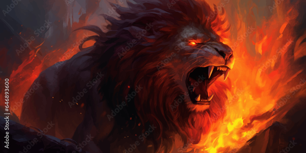 Lion Roaring. Terrible. Head of Lion with a fiery mane. The majestic ...
