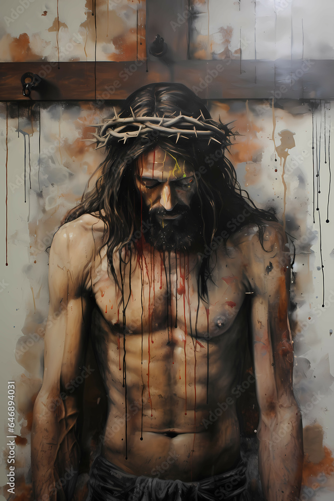 Expressive Modern Art of Jesus with Crown of Thorns and Bloodstained ...
