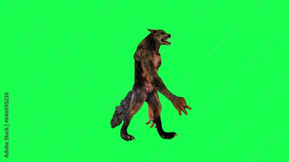 3d scary animated werewolf walking left angle isolated green screen ...